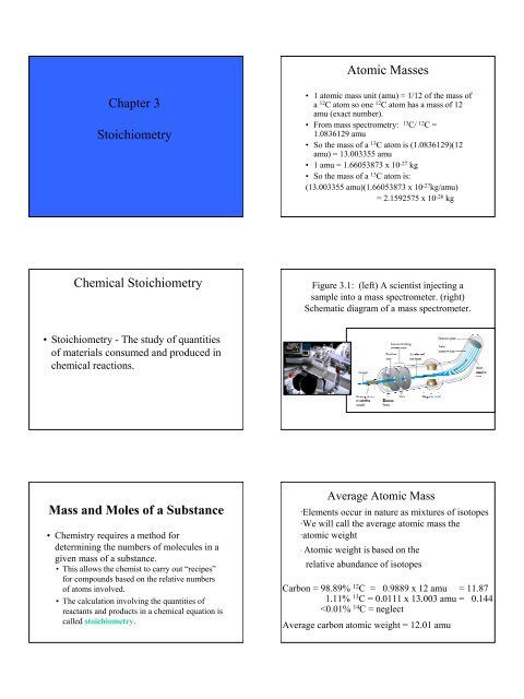 Chapter 3 Stoichiometry Chemical Stoichiometry Mass and Moles of ...