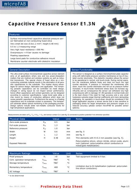 Capacitive Pressure Sensor E1.3N - microFAB Bremen GmbH