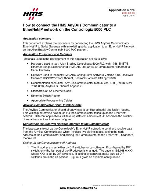 How to connect the HMS AnyBus Communicator to a EtherNet/IP ...