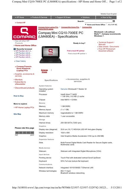 Compaq Mini CQ10-700EE PC (LM480EA) - Specifications - Microcity