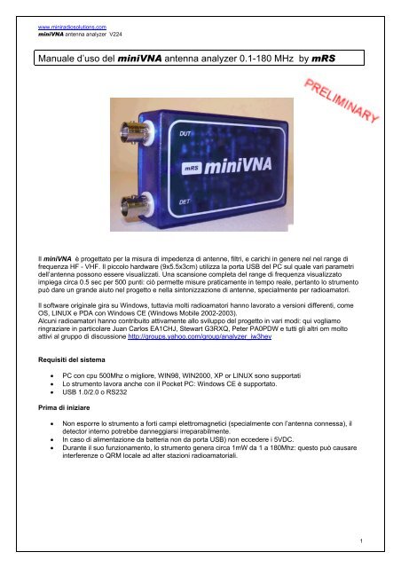 Manuale d'uso del miniVNA antenna analyzer 0.1-180 MHz by mRS