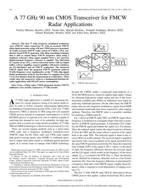 A 77 GHz 90 nm CMOS Transceiver for FMCW Radar Applications