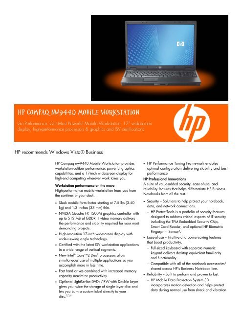 HP Compaq nw9440 Mobile Workstation Data Sheet