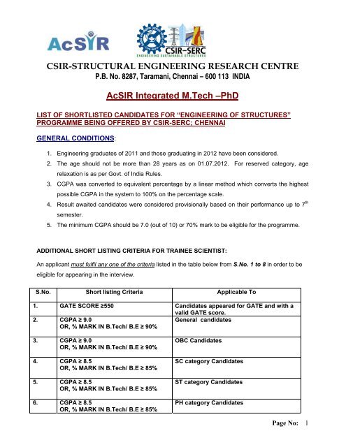 Engineering Of Structures Csir Serc Chennai