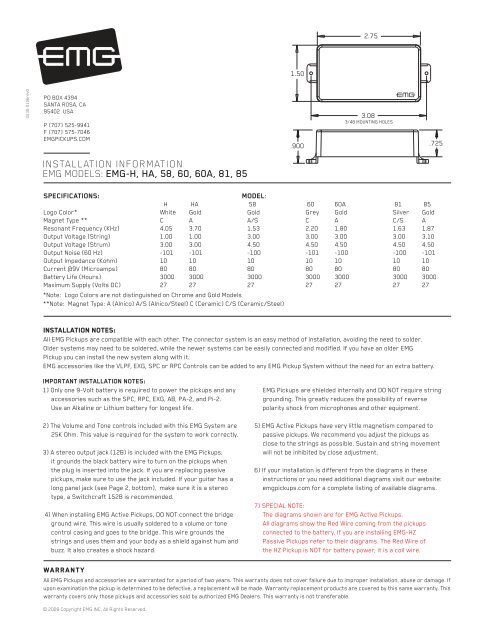 INSTALLATION INFORMATION EMG MODELS: EMG ... - EMG Pickups