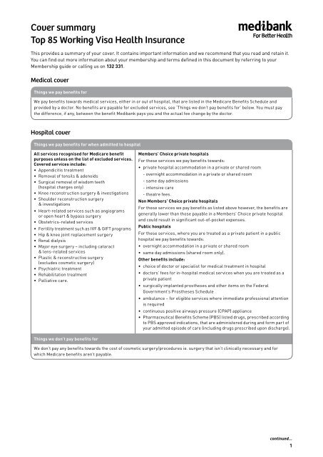 Cover summary Top 85 Working Visa Health Insurance - Medibank