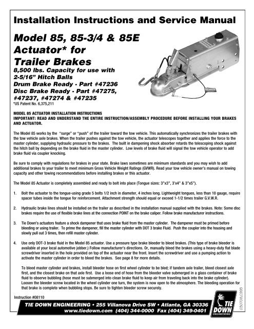 Model 85, 85-3/4 & 85E Actuator* for Trailer ... - Load Rite Trailers