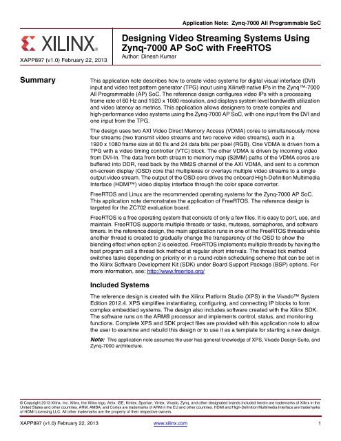 Designing Video Streaming Systems Using Zynq-7000 AP SoC with FreeRTOS