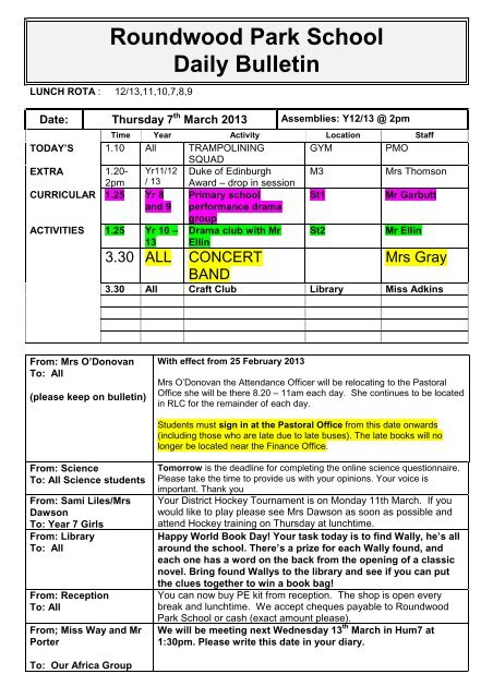 Roundwood Park School Daily Bulletin