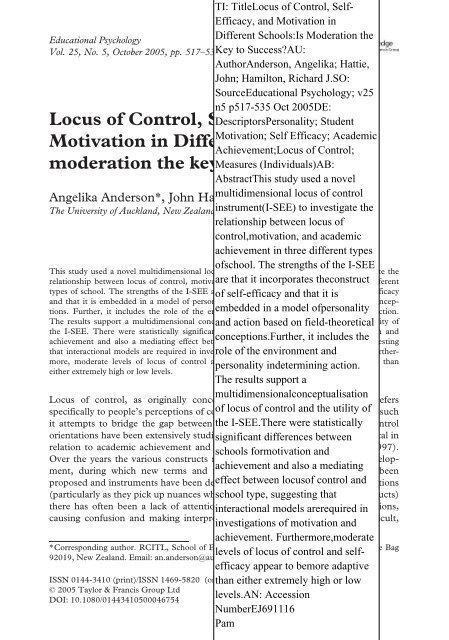 Locus Of Control Self Efficacy And Motivation In Zambia Learning