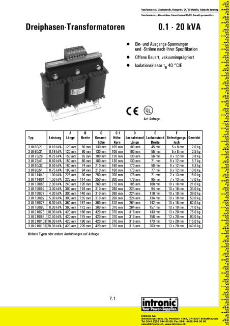 Dreiphasen-Transformatoren 0.1 - 20 kVA - Intronic AG
