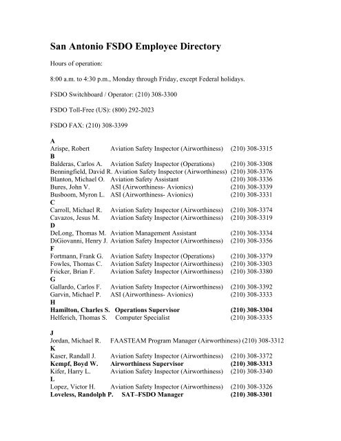 San Antonio FSDO Employee Directory - FAA