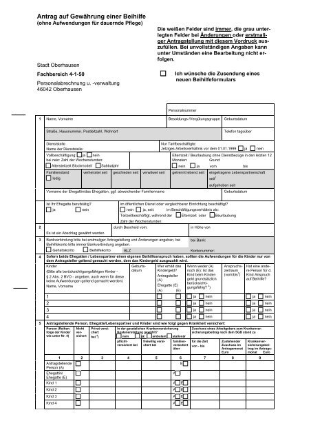 Antrag auf Gewährung einer Beihilfe - Stadt Oberhausen