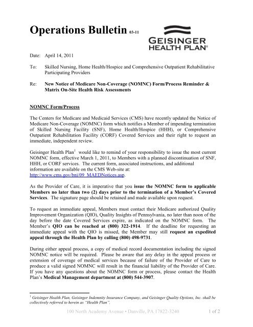 Operations Bulletin - Geisinger Health Plan