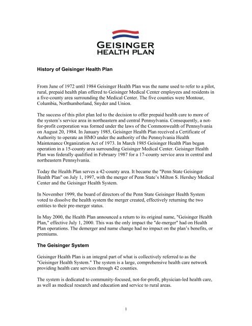 History of Geisinger Health Plan - Geisinger Health System