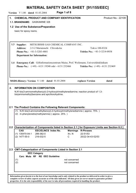 material safety data sheet [91/155/eec] - Mitsubishi Gas Chemical ...