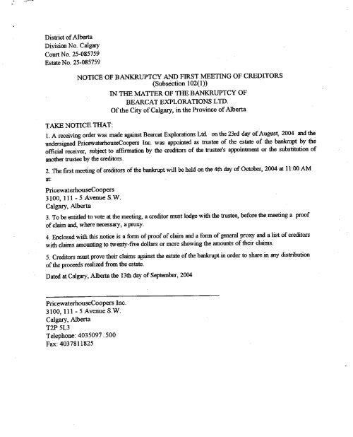notice of bankruptcy and first meeting of creditors - PwC