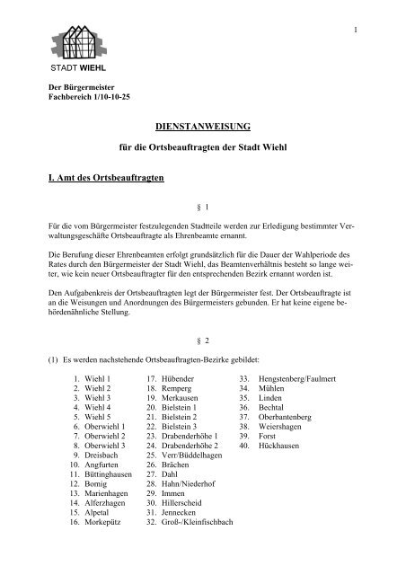 Dienstanweisung für die Ortsbeauftragten - Stadt Wiehl Dienstanweisung für die Ortsbeauftragten - Stadt Wiehl