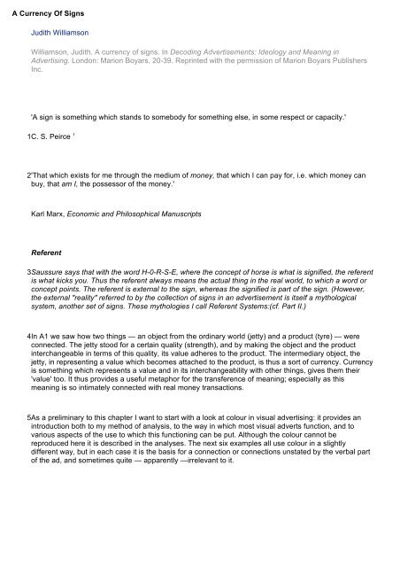 A Currency Of Signs Judith Williamson Williamson, Judith. A ...