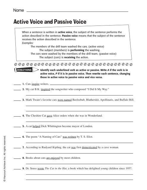 Active Voice and Passive Voice Answer Key - Steck-Vaughn