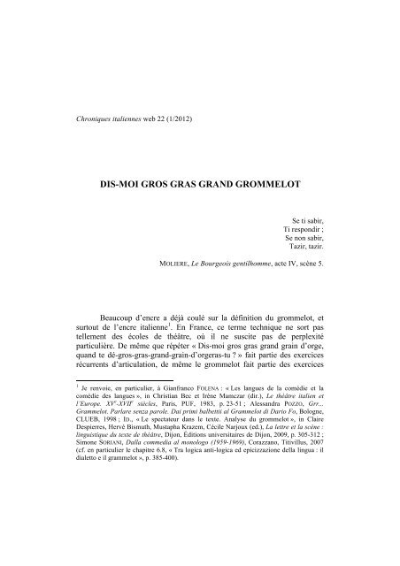 DIS-MOI GROS GRAS GRAND GROMMELOT - Chroniques italiennes