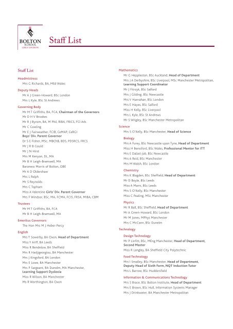 Staff List - Bolton School