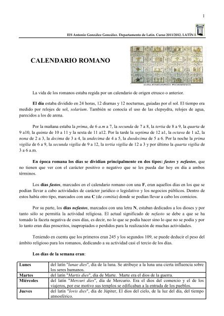 Calendario romano - Departamento de Latín
