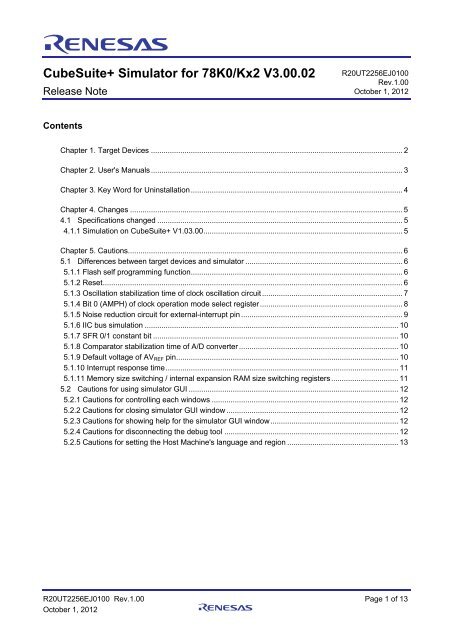 CubeSuite+ Simulator for 78K0/Kx2 V3.00.02 Release Note - Renesas