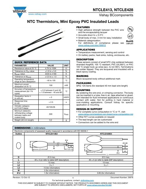 NTCLE413, NTCLE428 NTC Thermistors, Mini Epoxy PVC ... - Vishay