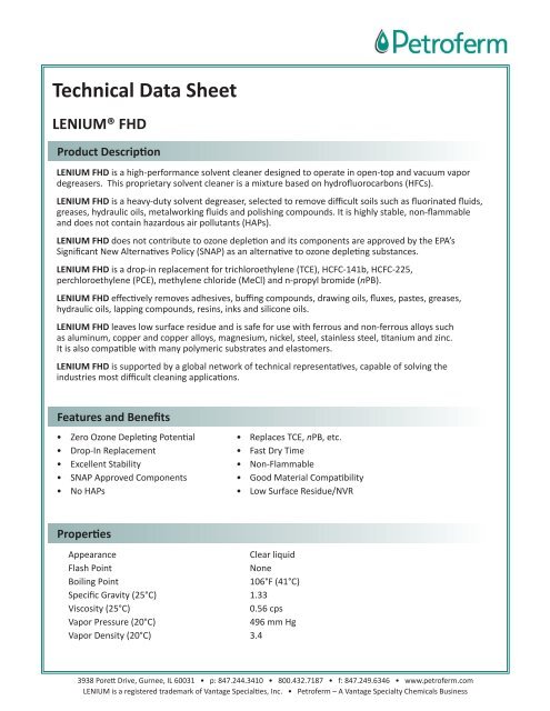 Technical Data Sheet LENIUM® FHD - Petroferm