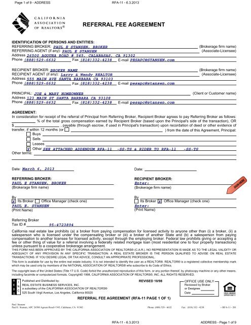 Referral Fee Agreement 10 98 CAR Paul E Stansen APC