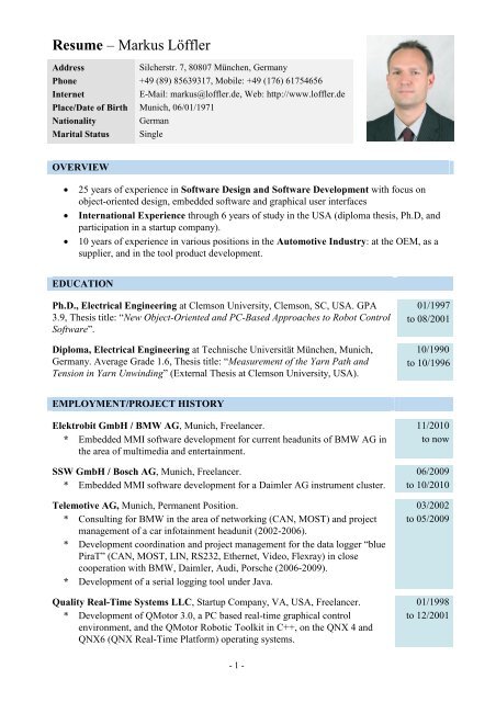 Resume of Markus Loffler - Markus Löffler System- und ...