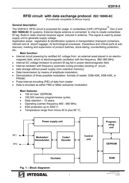RFID circuit with data exchange protocol ISO 18000-6C