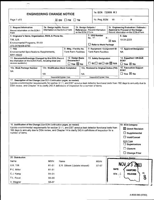 ENGINEERING CHANGE NOTICE ,,H DM 0 FM 0 TM - Hanford Site