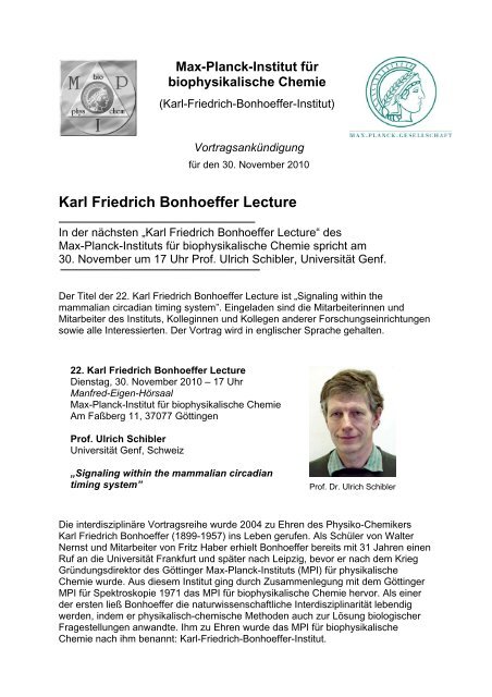 Karl Friedrich Bonhoeffer Lecture - Max-Planck-Institut für ...