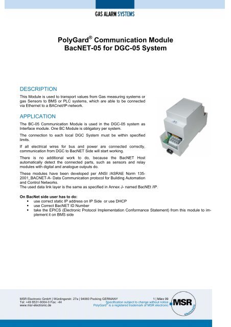 PolyGard Communication Module BacNET-05 for ... - MSR Electronic