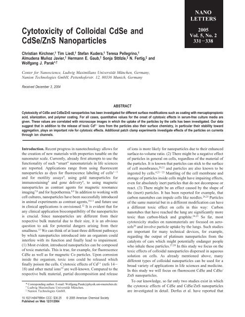 Cytotoxicity of Colloidal CdSe and CdSe/ZnS Nanoparticles