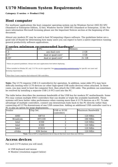 U170 Minimum System Requirements - NComputing