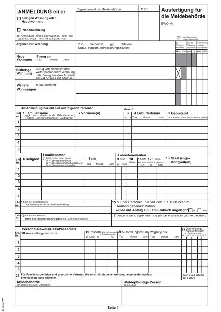 Formular Anmeldung einer Hauptwohnung/Nebenwohnung - Nidda