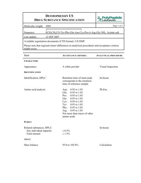 DESMOPRESSIN US DRUG SUBSTANCE SPECIFICATION
