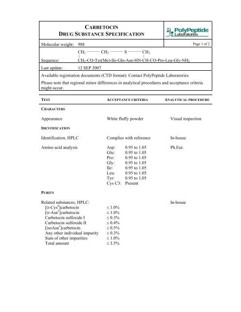 carbetocin drug substance specification - PolyPeptide Laboratories