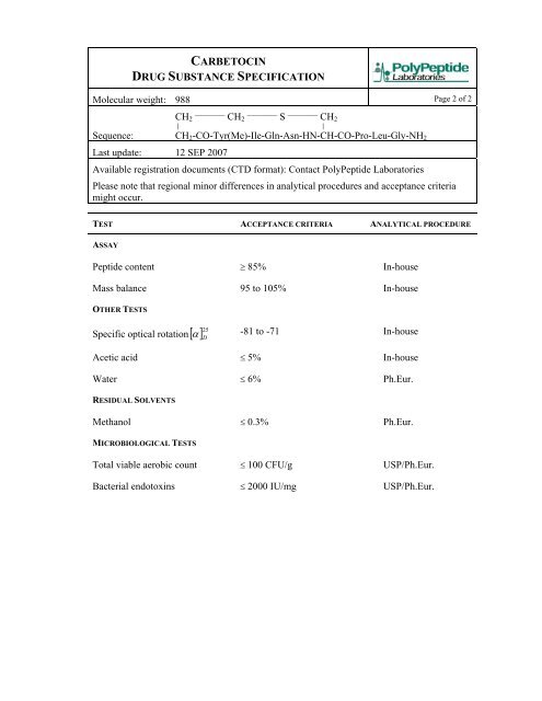 CARBETOCIN DRUG SUBSTANCE