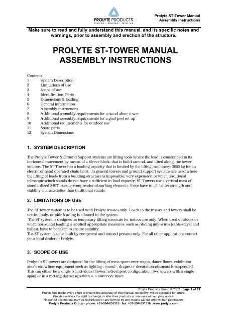 PROLYTE ST-TOWER MANUAL ASSEMBLY INSTRUCTIONS