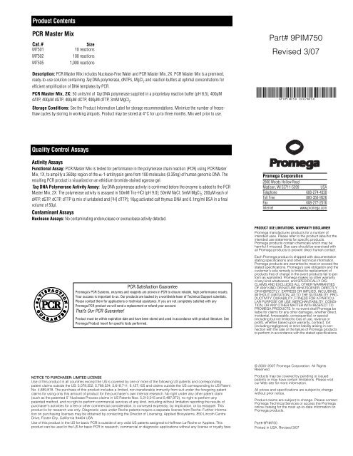 PCR Master Mix Product Information Sheet #9PIM750 - Promega