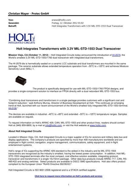 Holt Integrates Transformers with 3.3V MIL-STD ... - Protec GmbH