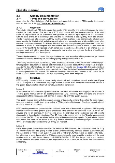 Quality documentation - PTB