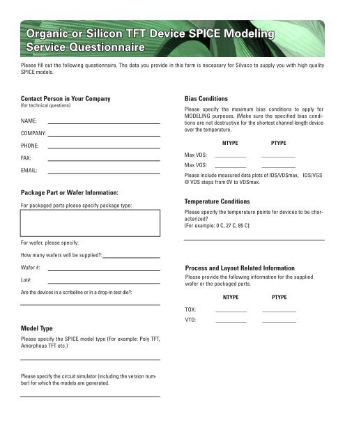 TFT Device SPICE Modeling Service Questionnaire - Silvaco