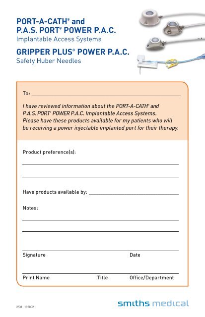 Port-a-cath and p.a.s. port power p.a.c. - Smiths Medical