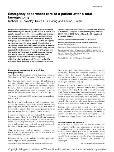 Emergency department care of a patient after a total laryngectomy