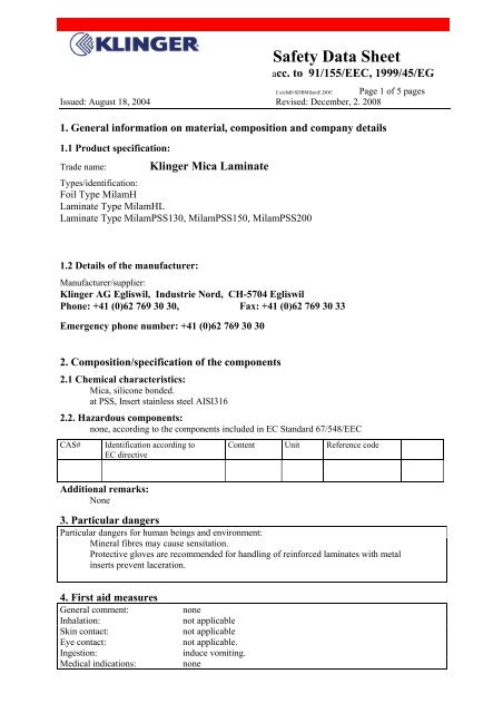 Safety Data Sheet - Klinger AG Egliswil